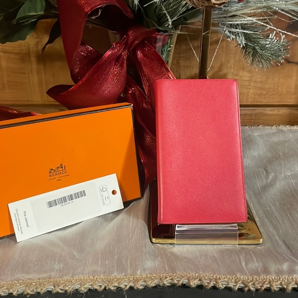 Hermes | Bags | Hermes Strawberry Red Leather Long Bifold Agenda Wallet With Silver Tone Hard ...